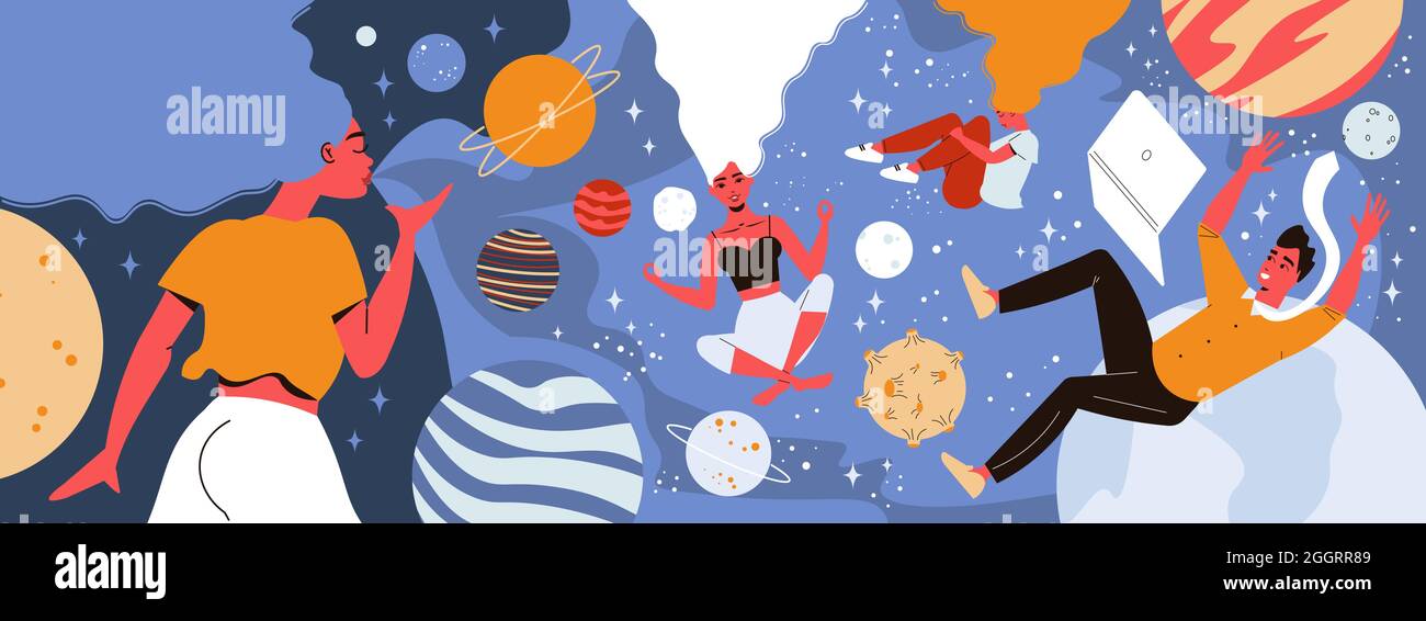 Space composition with conceptual view of people floating in space of ...