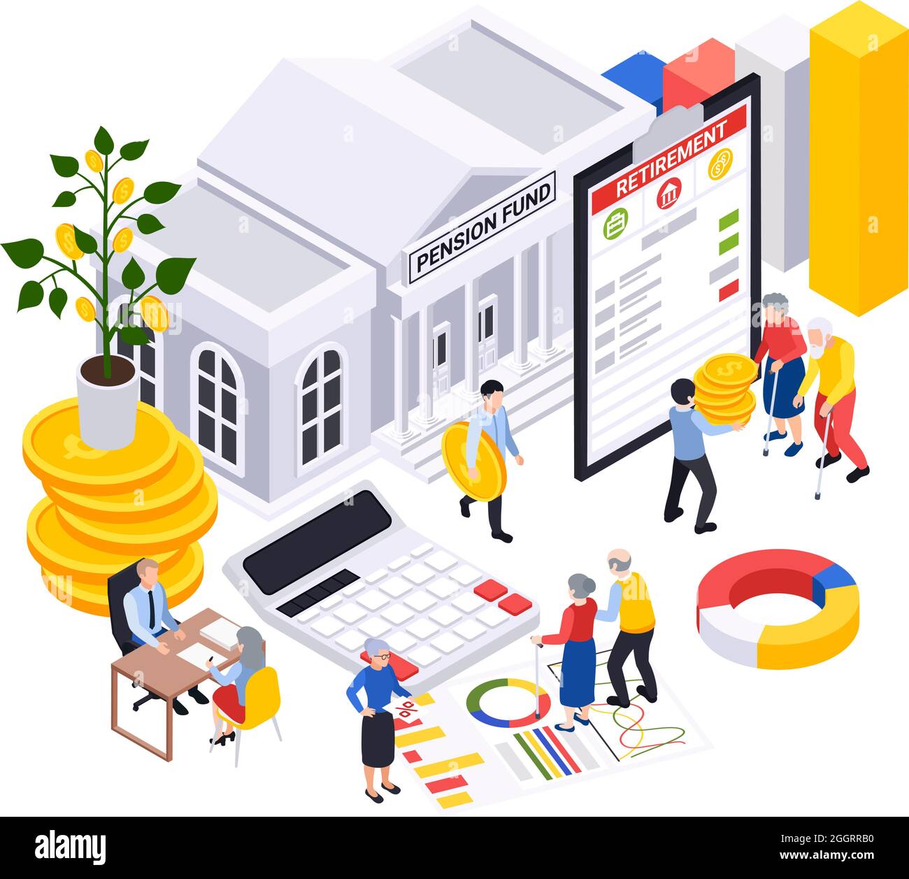 Retirement preparation plan isometric composition with pension fund ...