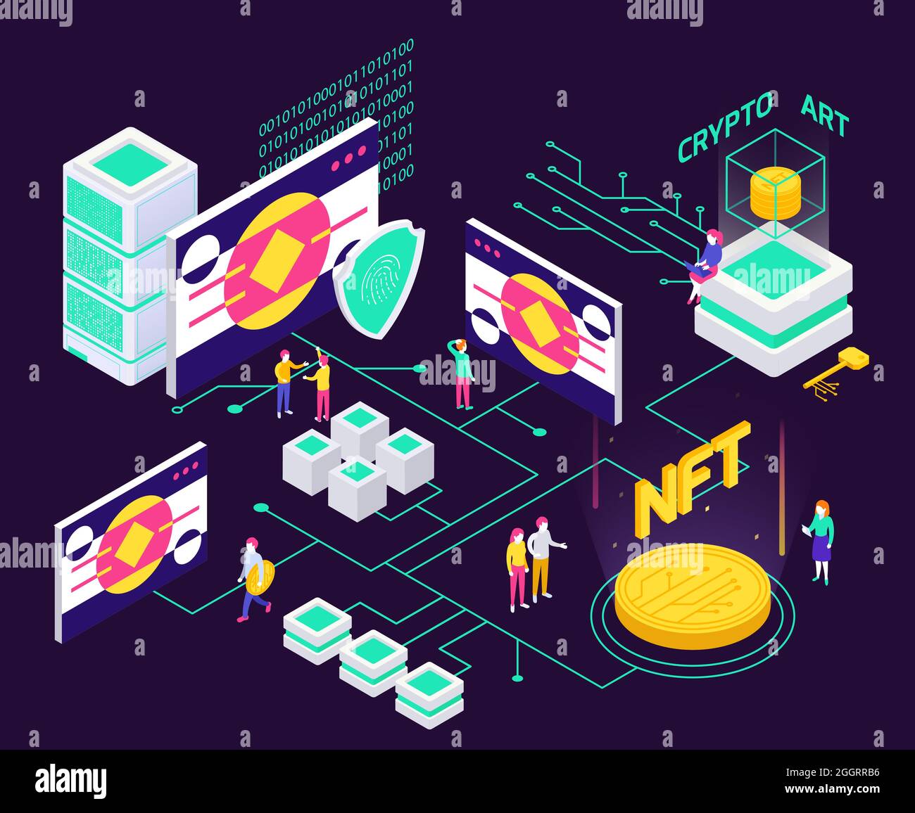 Cryptographic art crypto art nft isometric composition with flowchart ...
