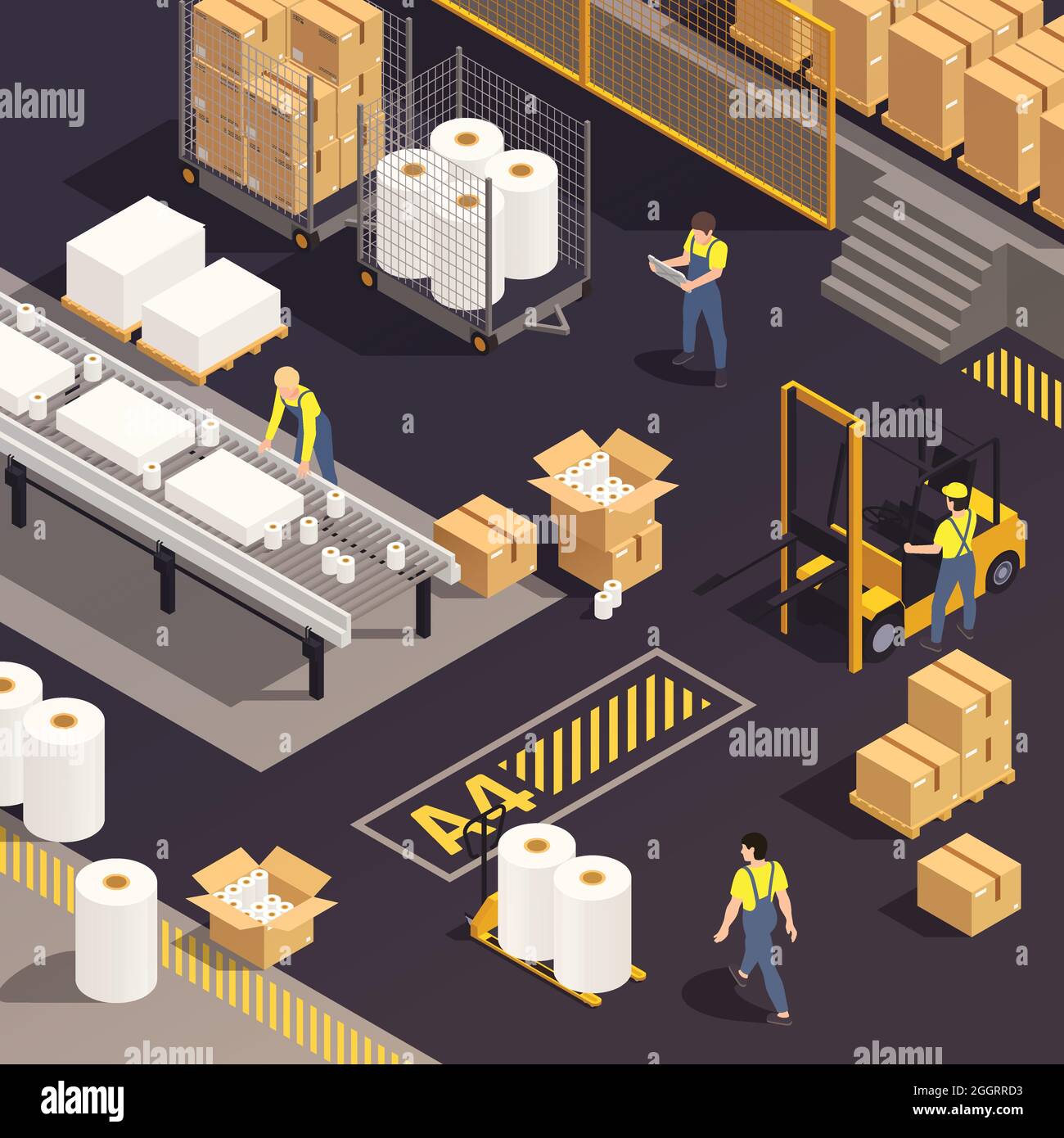 Isometric paper production composition people in production work in a ...