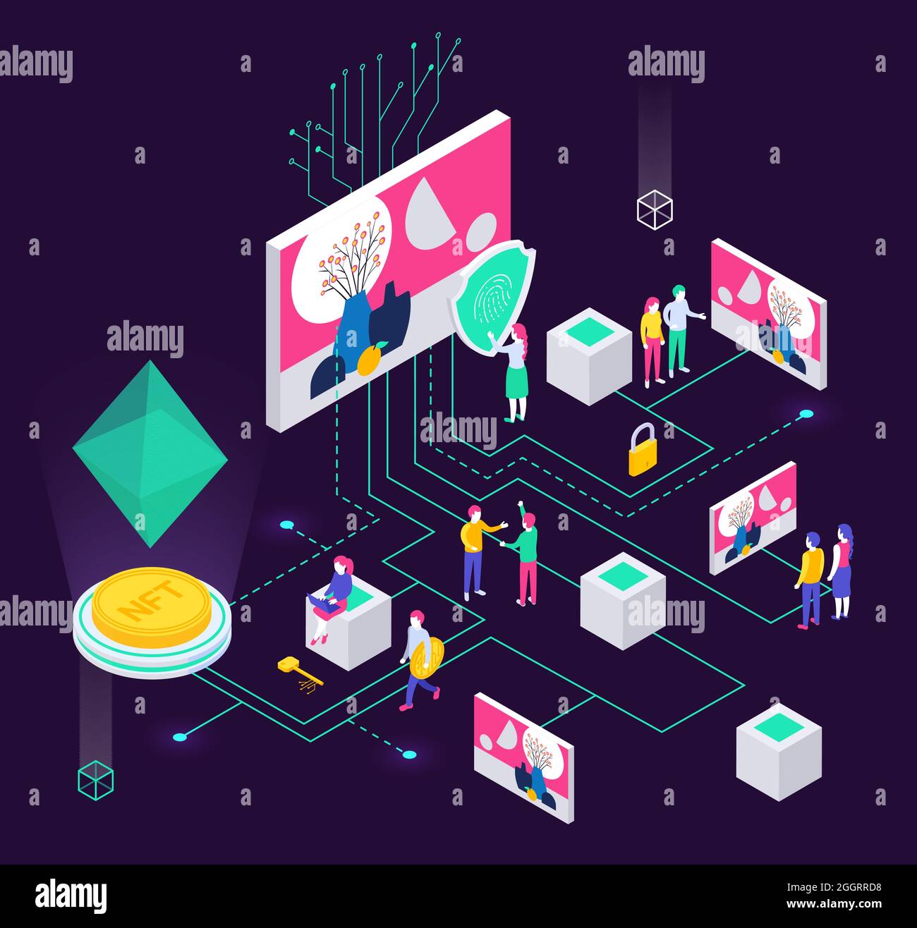 Cryptographic art crypto art nft isometric composition with human ...