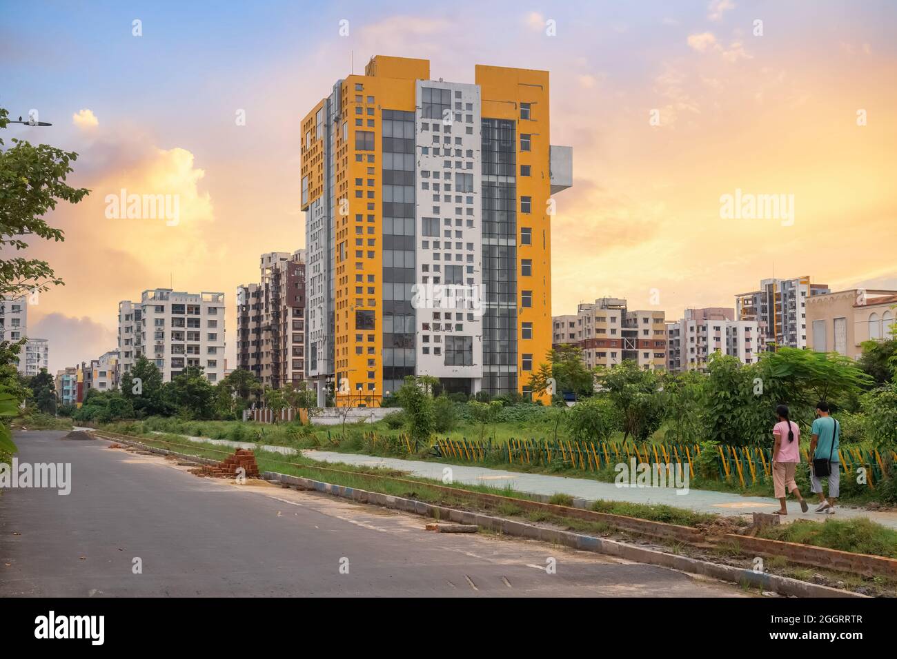 Modern residential apartment buildings with city road at New Town ...