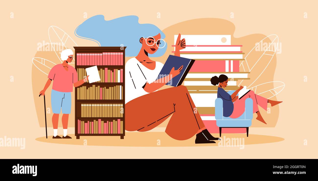 Three women reading and taking book from bookshelf flat vector ...