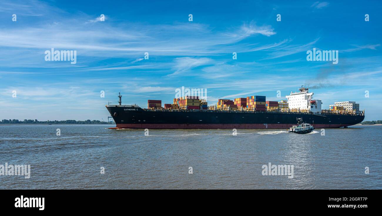 Container Ship On The Elbe In Hamburg Blankenese Stock Photo - Alamy
