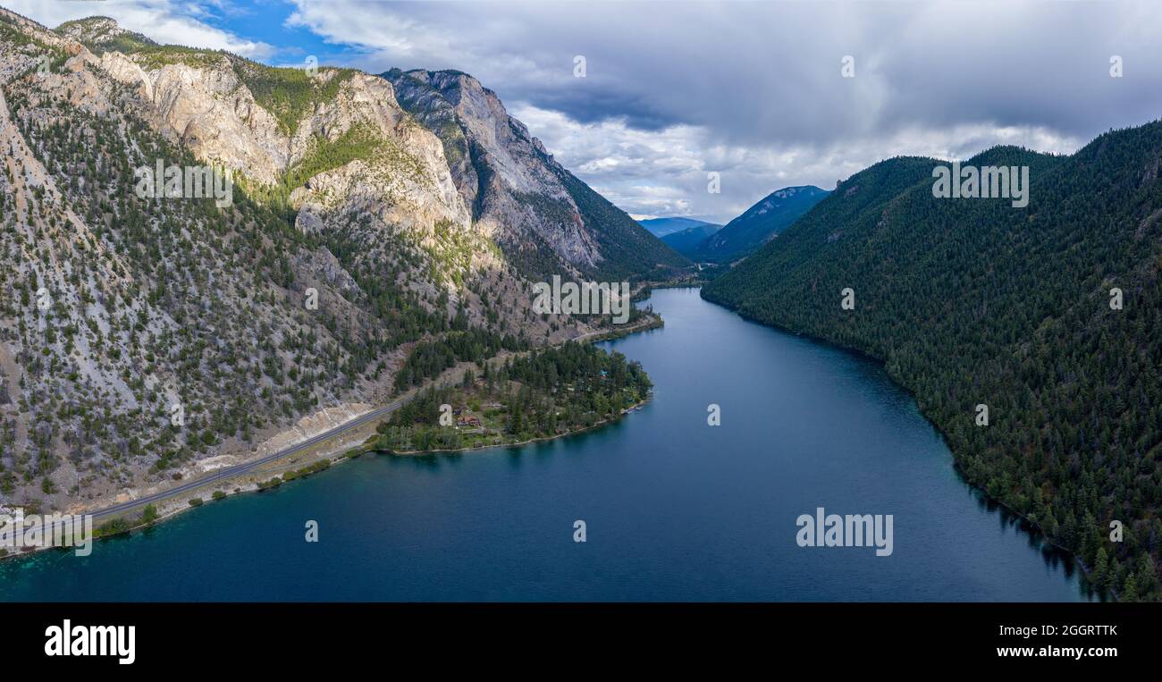 Elevated perspective view of the crystal clear water of Pavilion Lake ...