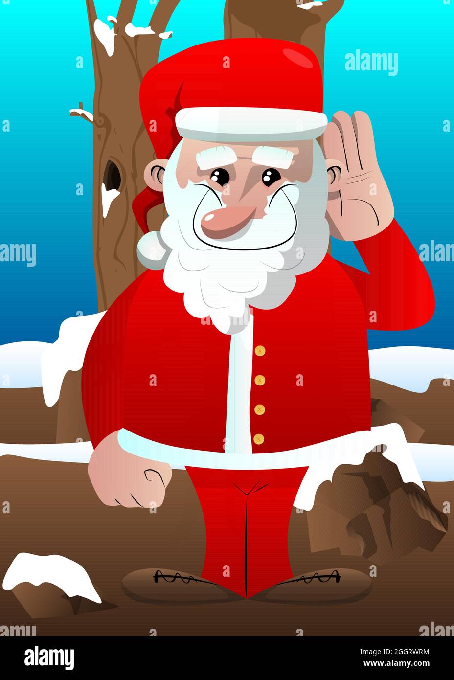 Santa Claus in his red clothes with white beard holds hand at his ear ...