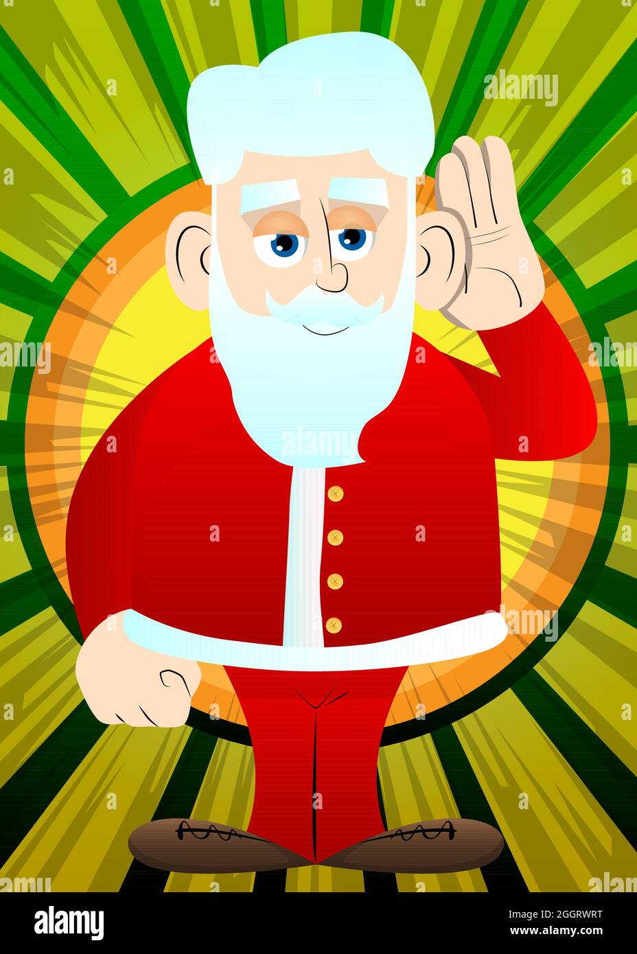 Santa Claus in his red clothes with white beard holds hand at his ear ...