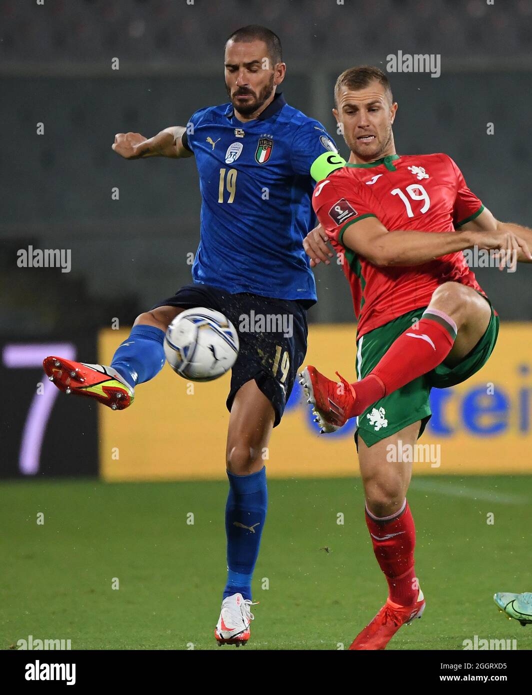 Florence, Italy. 2nd Sep, 2021. Italy's Leonardo Bonucci (L) vies with ...