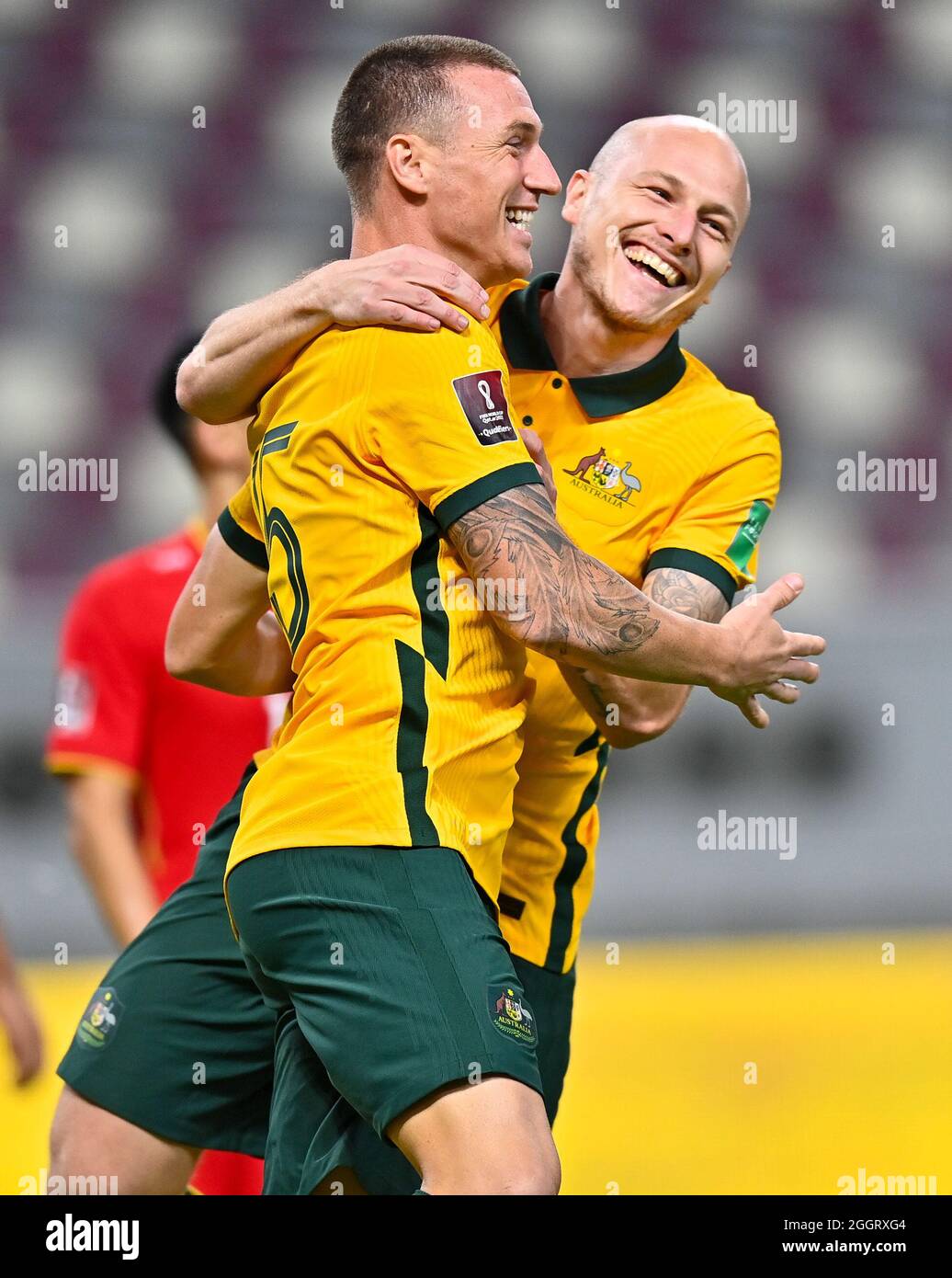 Doha, Qatar. 2nd Sep, 2021. Australia's Mitchell Duke (L) celebrates ...
