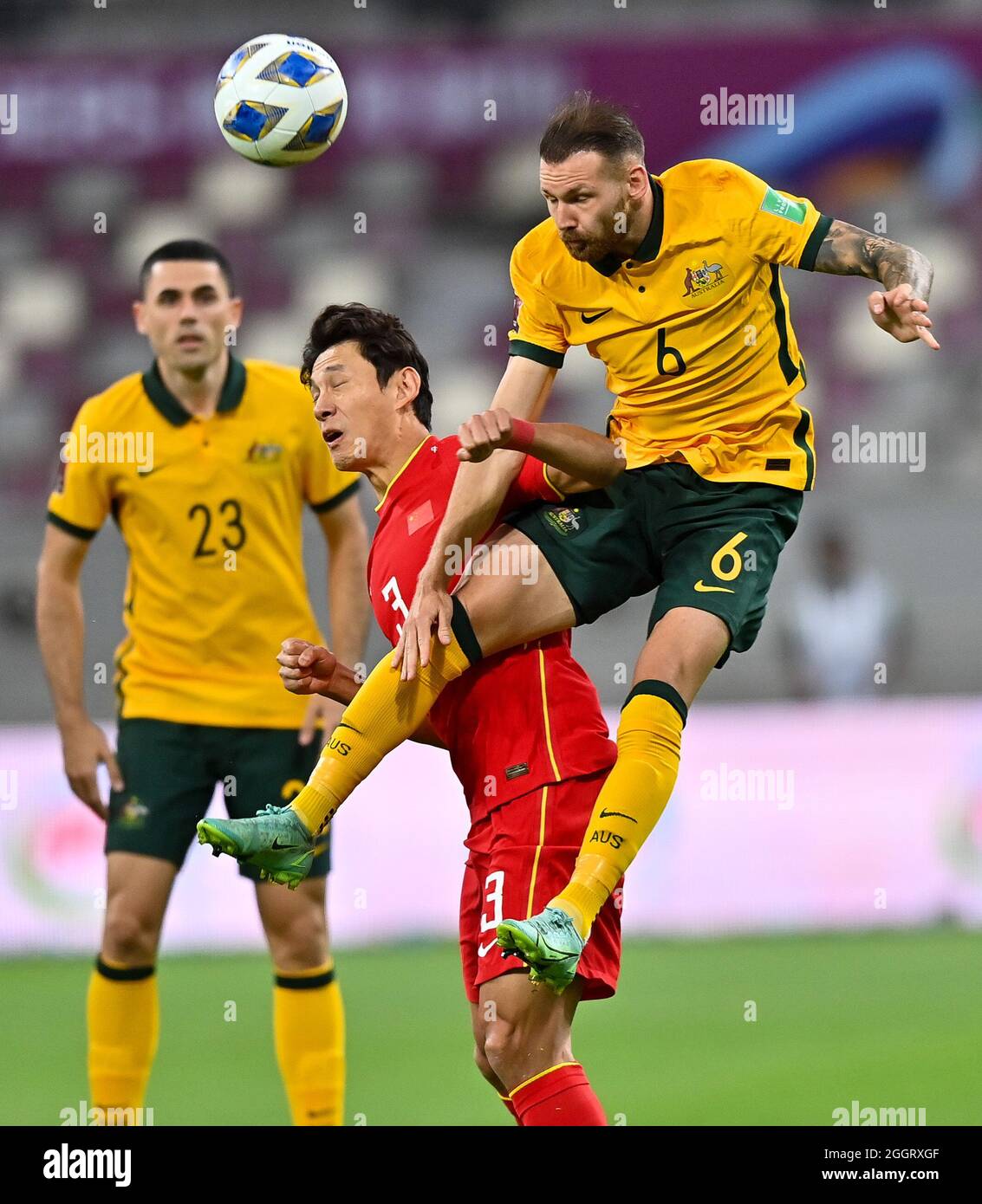 Doha, Qatar. 2nd Sep, 2021. Australia's Martin Boyle (R) vies with ...