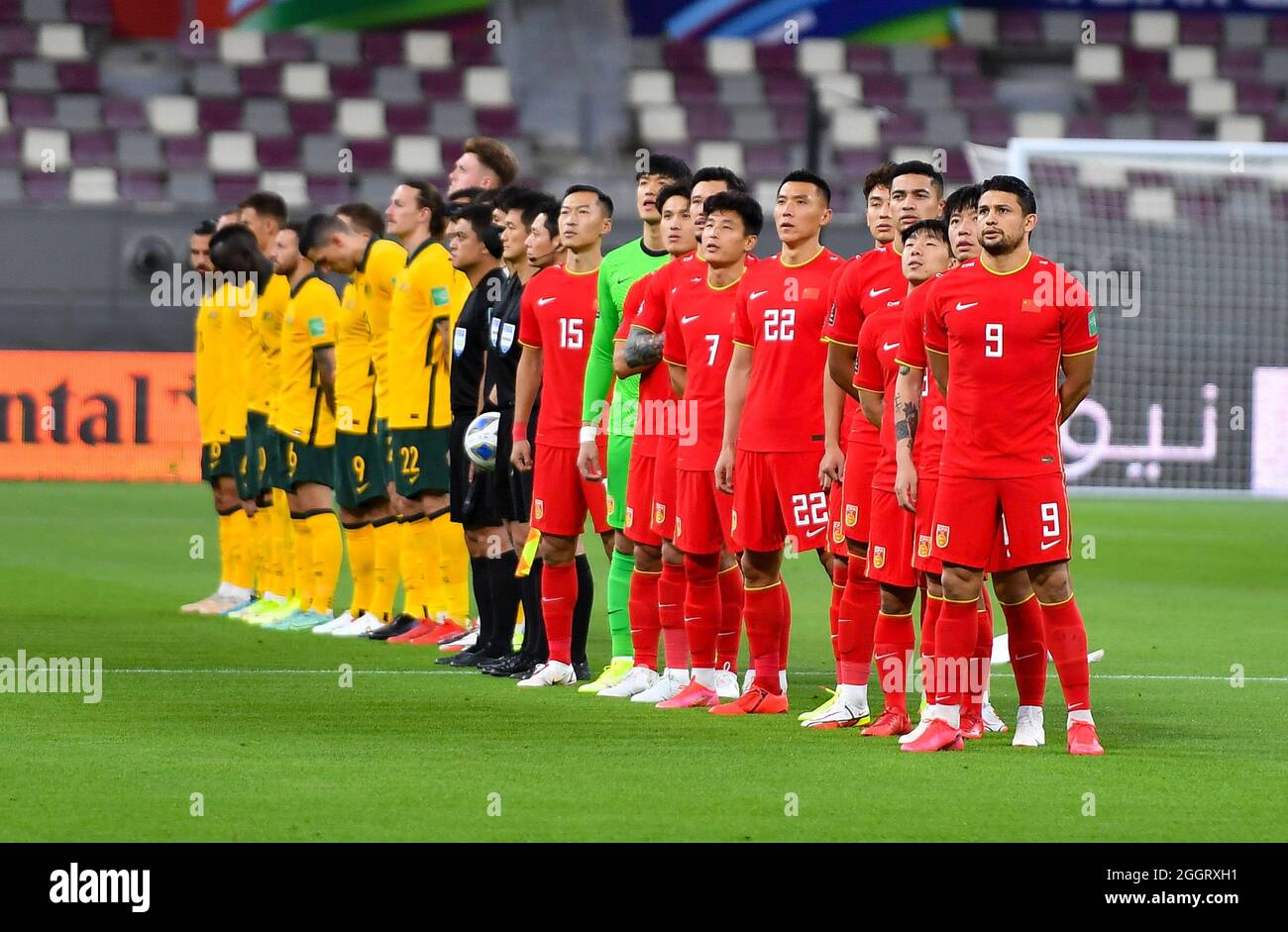Doha, Qatar. 2nd Sep, 2021. Australia's players and China's players ...