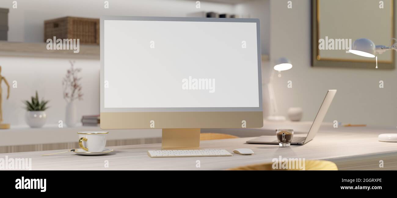 Close up, Modern workplace in stylish house interior with desktop ...