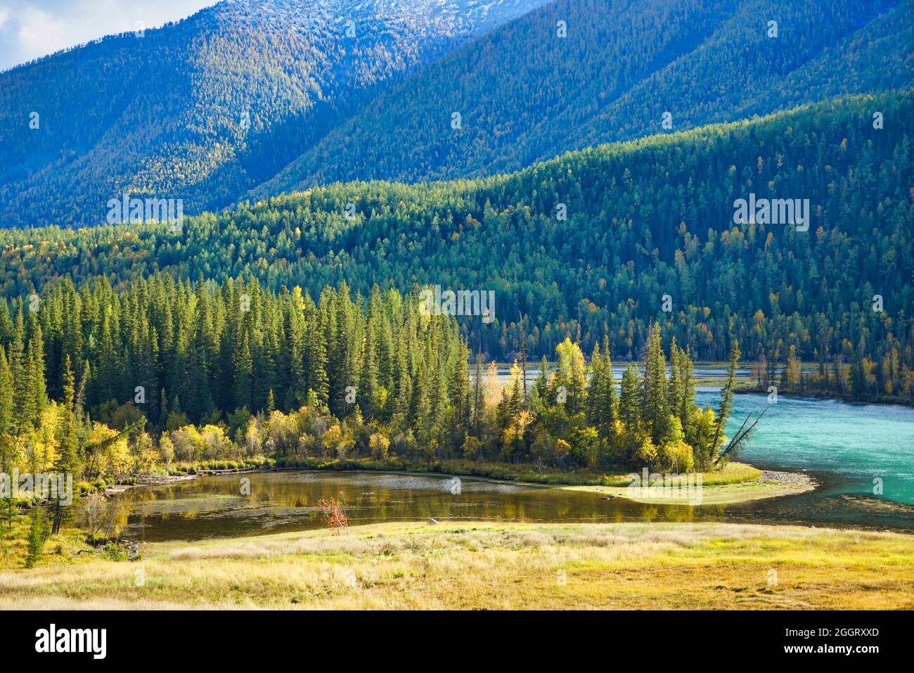 Moon Bay of Kanas Lake. The curved river with crystal blue water. Green ...
