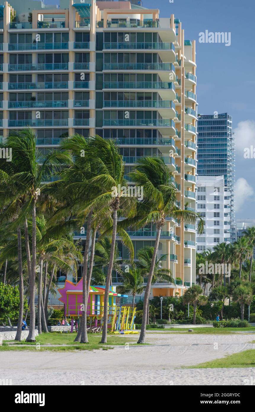 Lifeguard towers and highrises in South Beach, Miami Stock Photo - Alamy