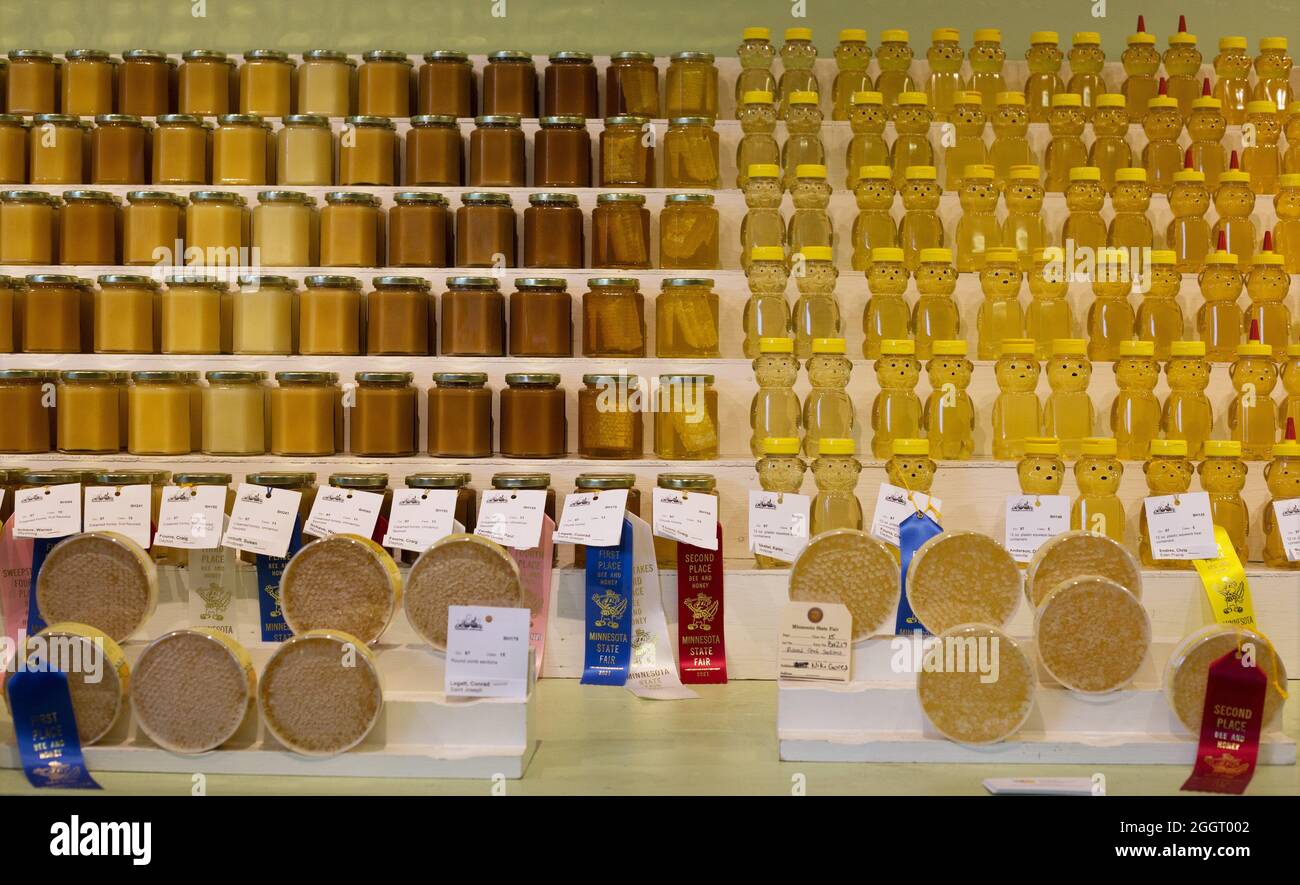 A display of ribbon winners for honey, at the Minnesota State Fair ...