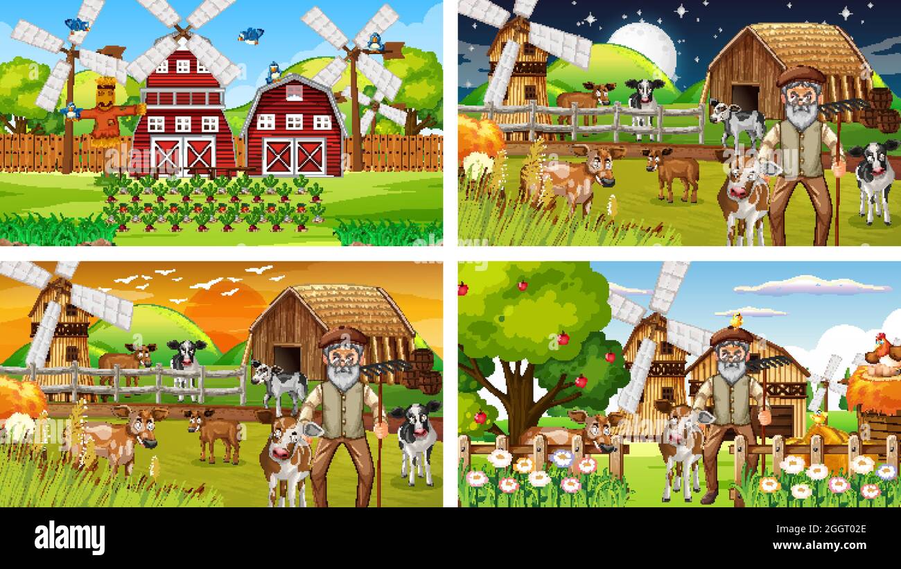 Different farm scenes with old farmer and animal cartoon character ...