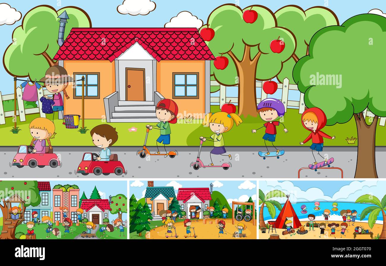 Outdoor scene set with many kids doodle cartoon character illustration ...