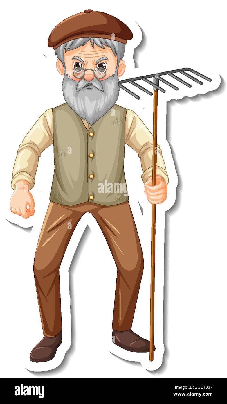 Sticker template with a gardener old man holds rake gardening tool ...