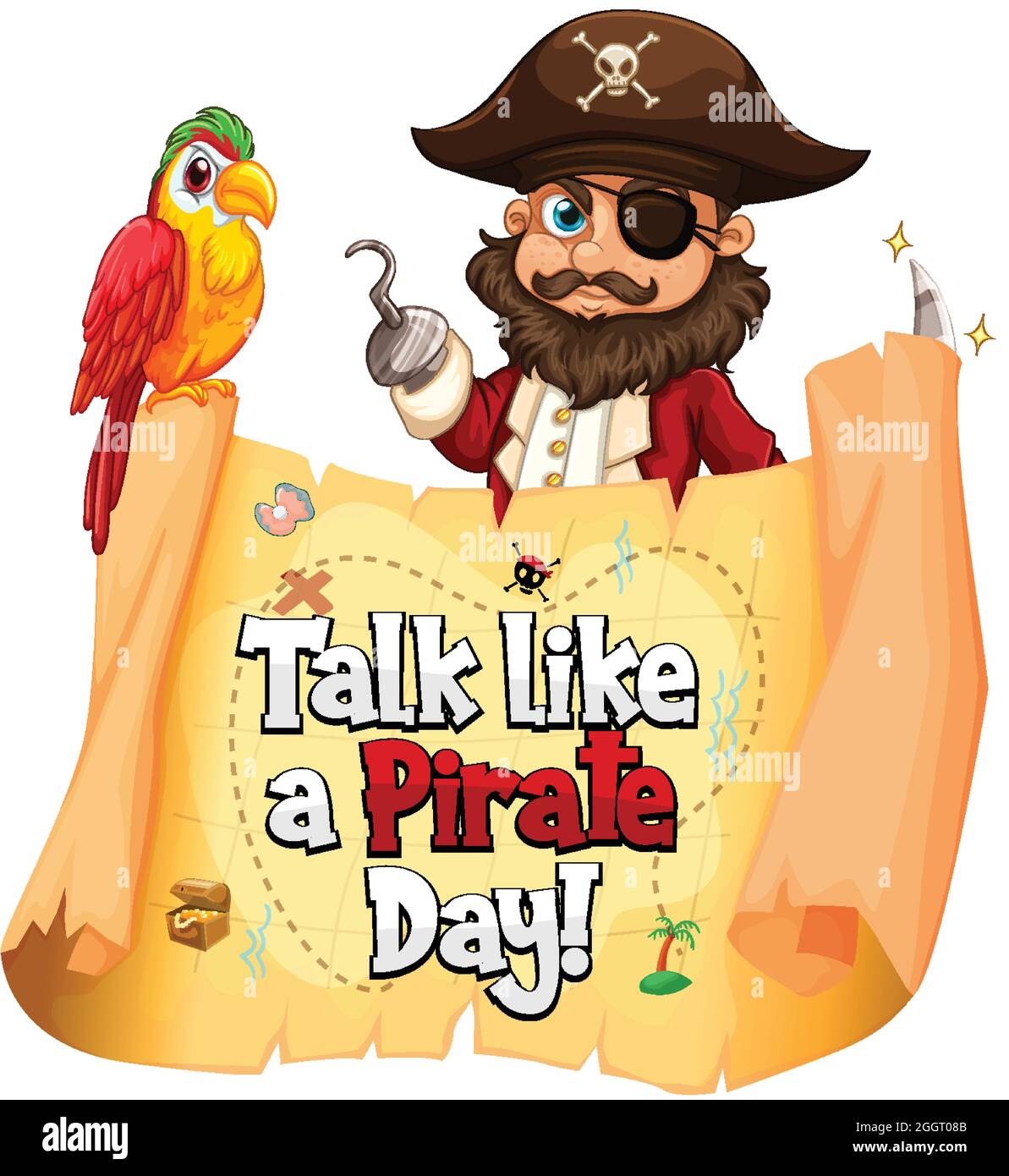 Talk like a pirate day font banner with a pirate cartoon character ...