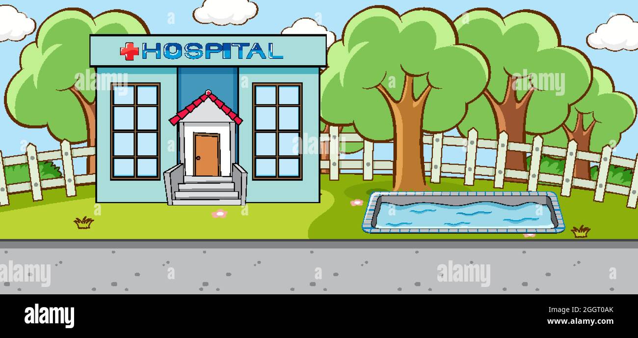 Horizontal scene with hospital building outdoor scene illustration ...