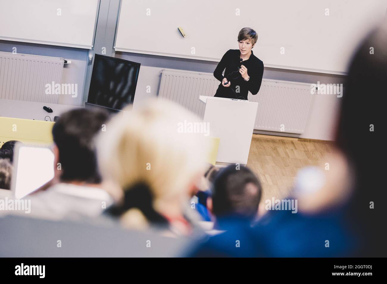 Speaker giving presentation in lecture hall at university Stock Photo ...