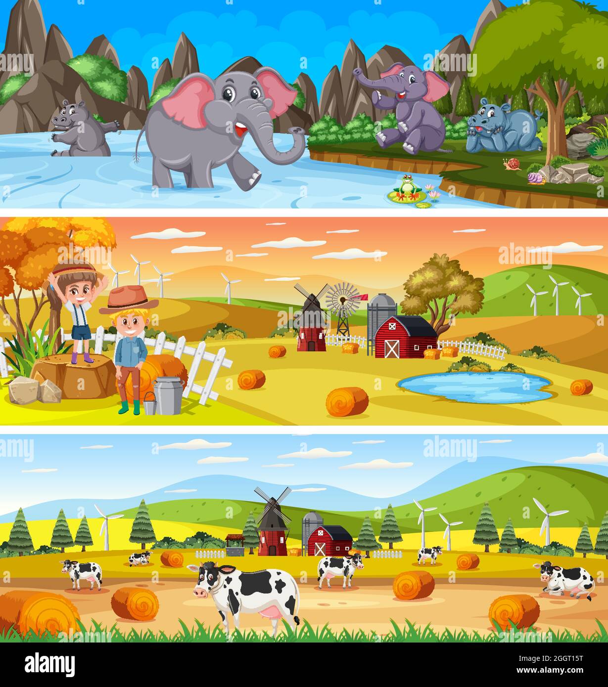 Set of different panoramic nature landscape with cartoon character ...