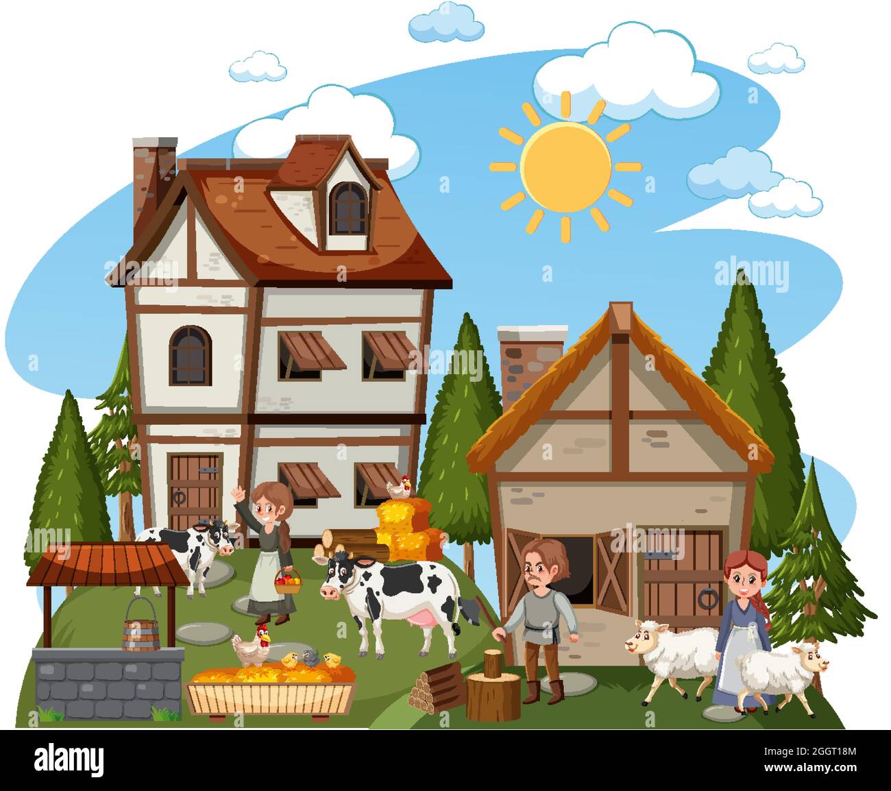 Medieval village with villagers on white background illustration Stock ...