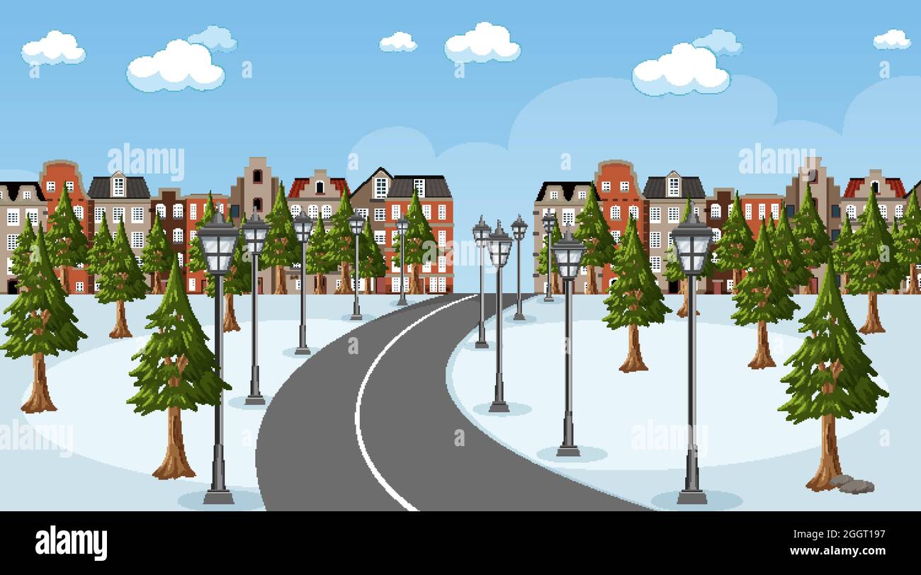 Winter season scene with long road through the park into the town ...