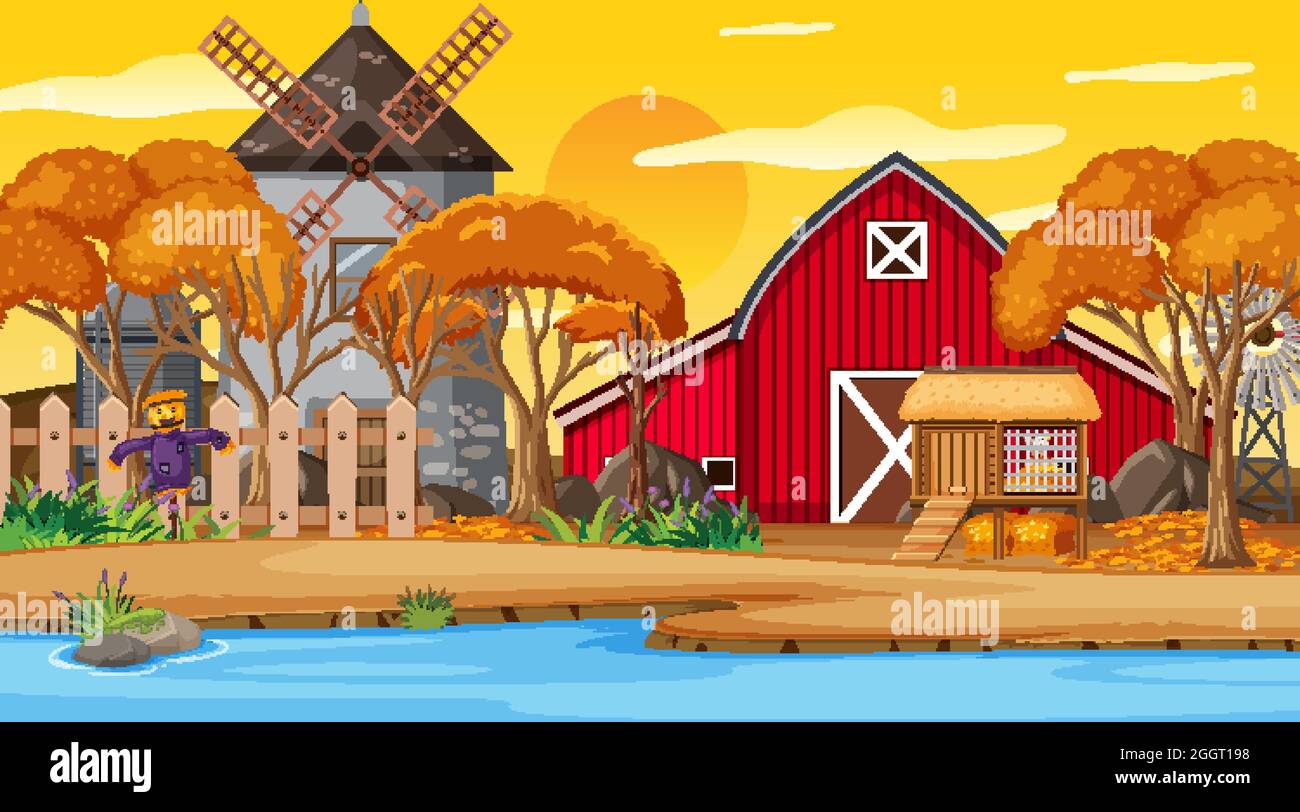 Empty farm at sunset time scene with red barn and windmill illustration ...