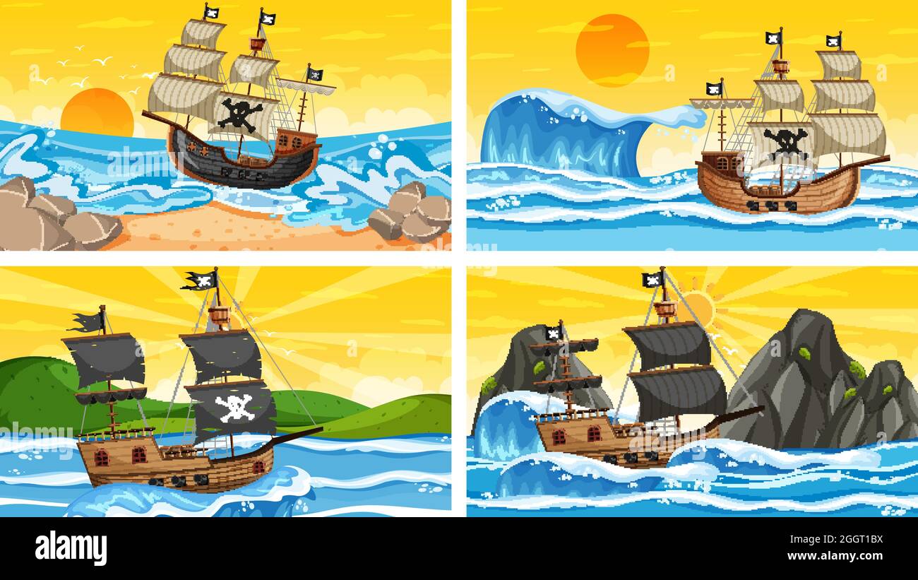 Set of Ocean with Pirate ship at different times scenes in cartoon ...