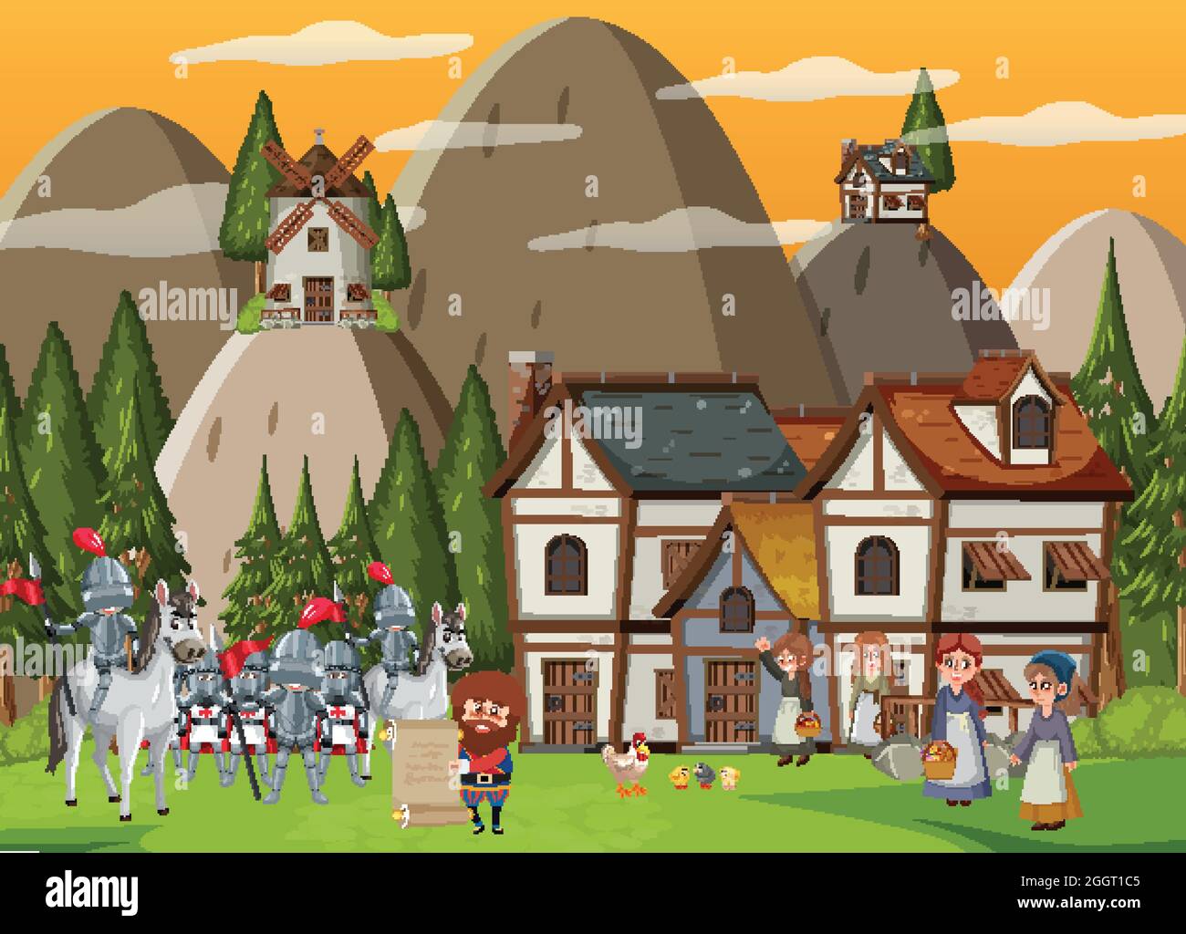 Medieval town at sunset time scene with villagers illustration Stock ...