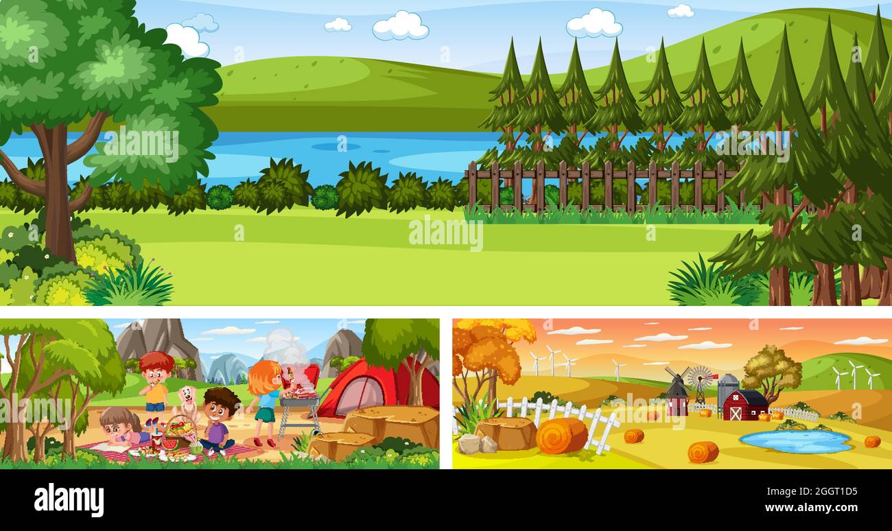 Set of outdoor panoramic landscape with cartoon character illustration ...