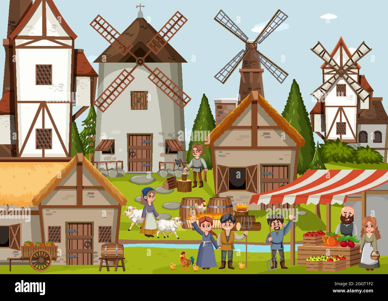 Medieval town scene with villagers illustration Stock Vector Image ...