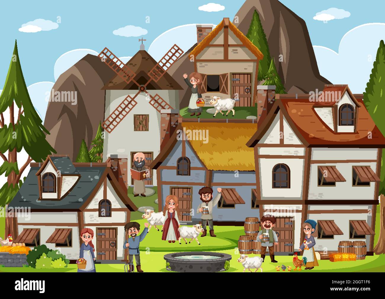 Medieval town scene with villagers illustration Stock Vector Image ...