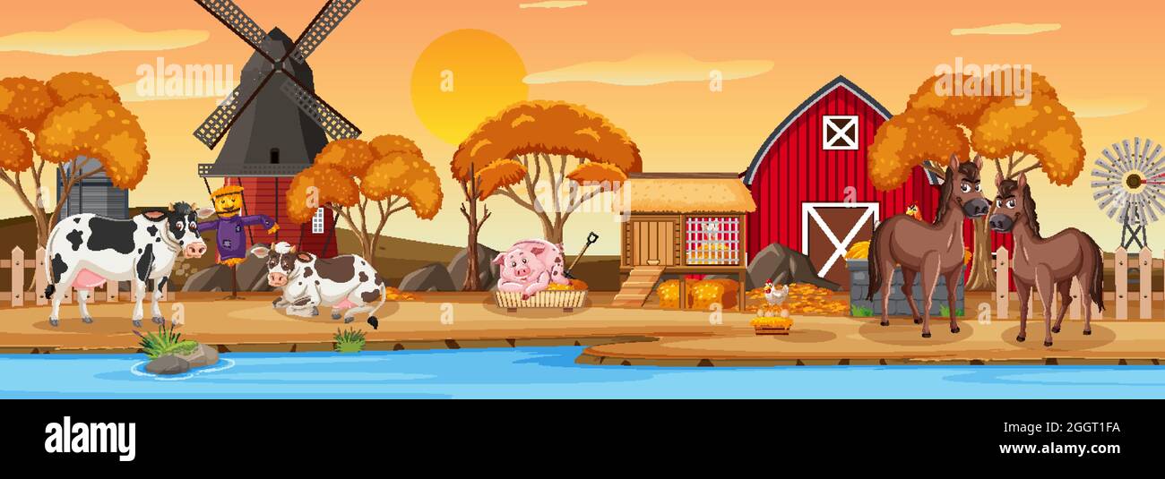 Farm horizontal landscape scene with farm animals illustration Stock ...