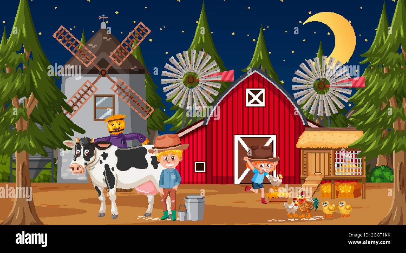 Farm scene at night time with many kids cartoon character and farm ...