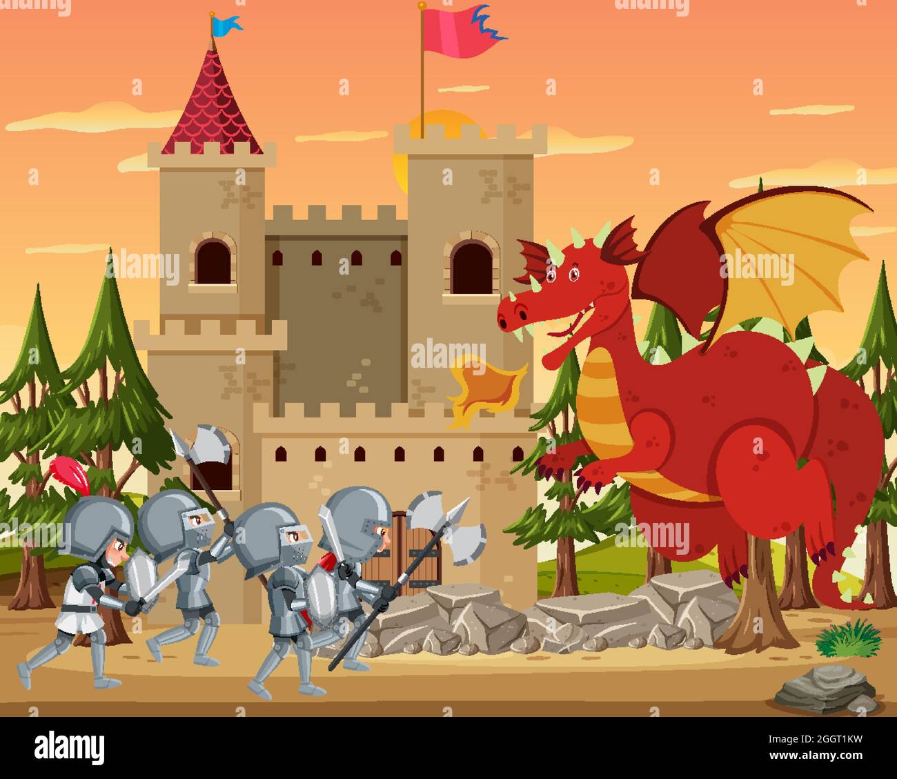 Knights fight with dragon at the castle illustration Stock Vector Image ...