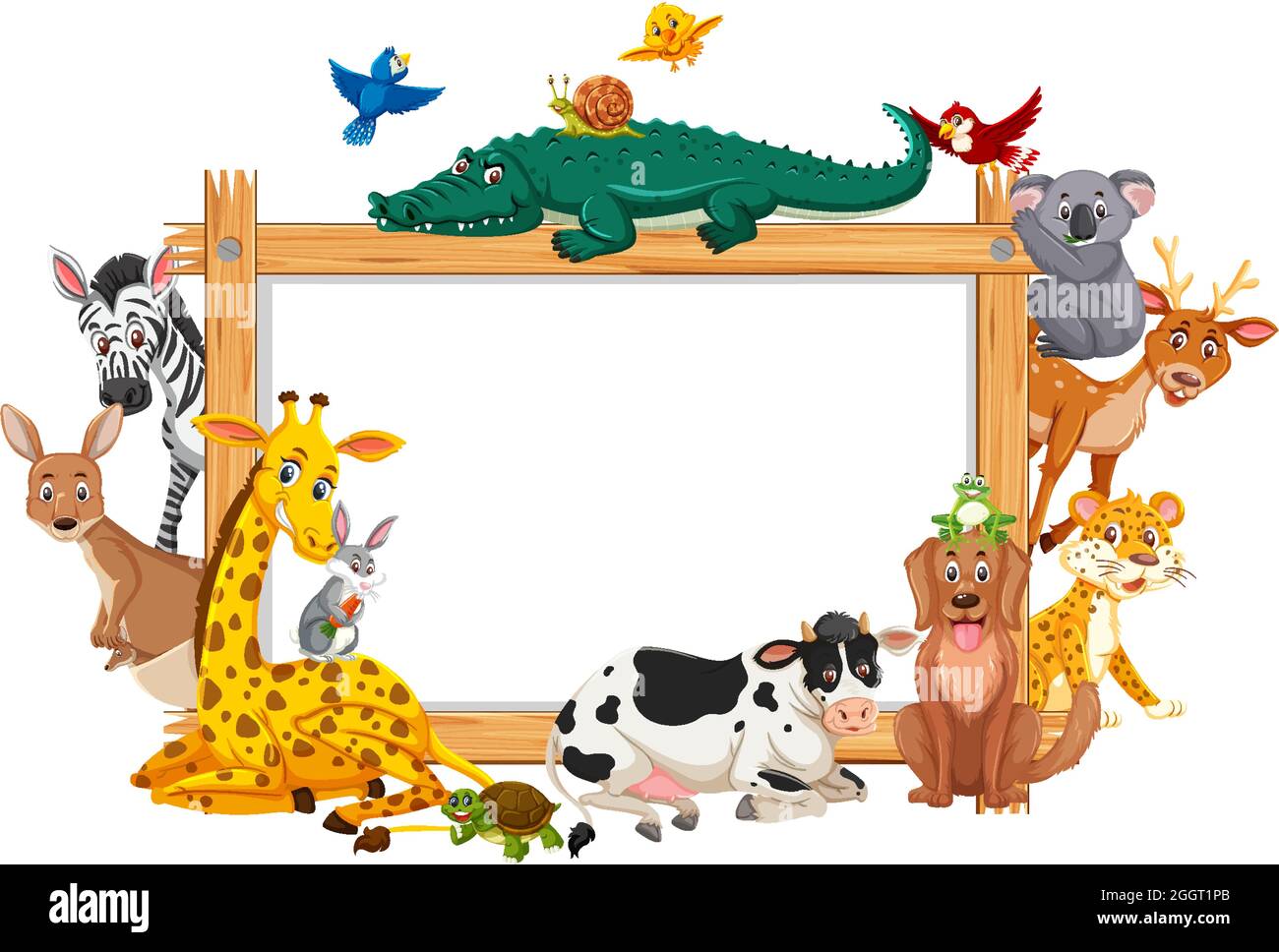 Empty wooden frame with various wild animals illustration Stock Vector ...
