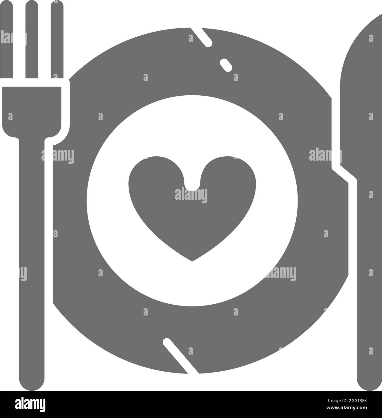 Healthy food, plate with fork and knife, restaurant menu grey icon ...