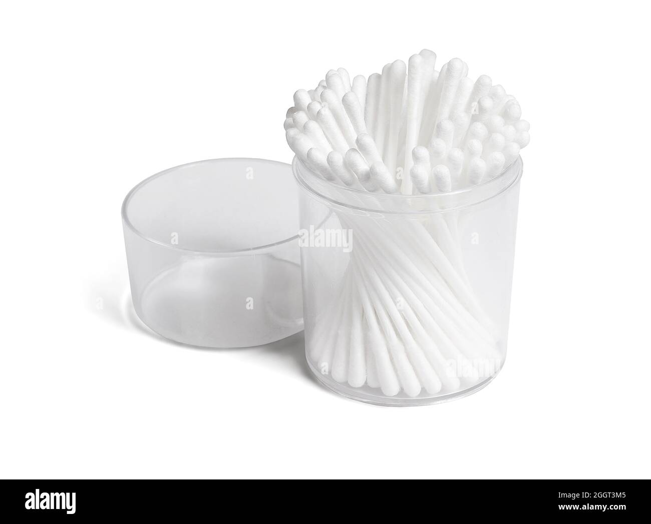Cotton Swabs in Open Plastic Container on White Background Stock Photo ...