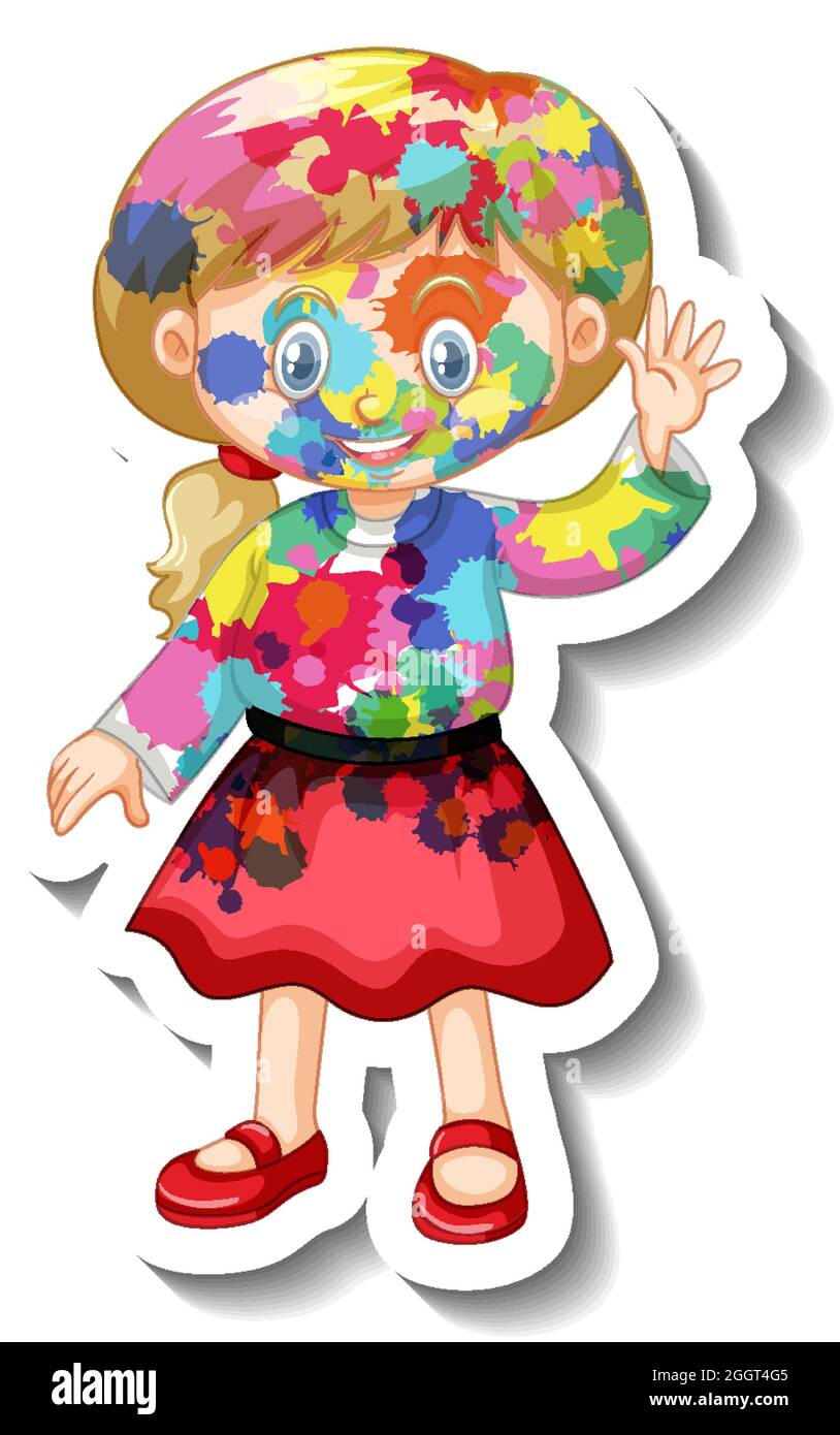 Happy girl with colour on her body sticker on white background ...