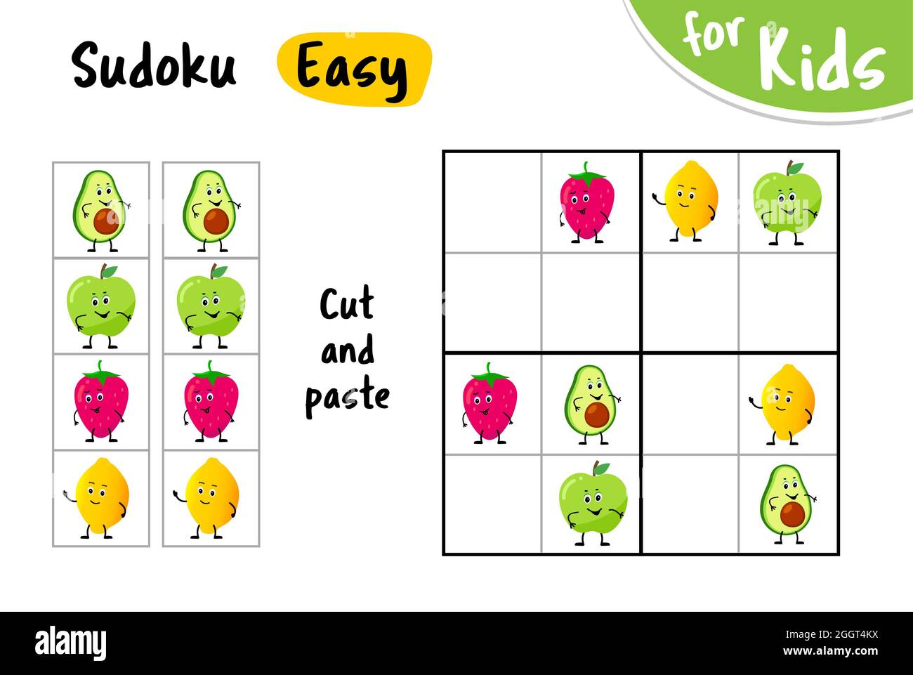 Sudoku kids game. Cut and paste the pictures. Cute fruit characters ...