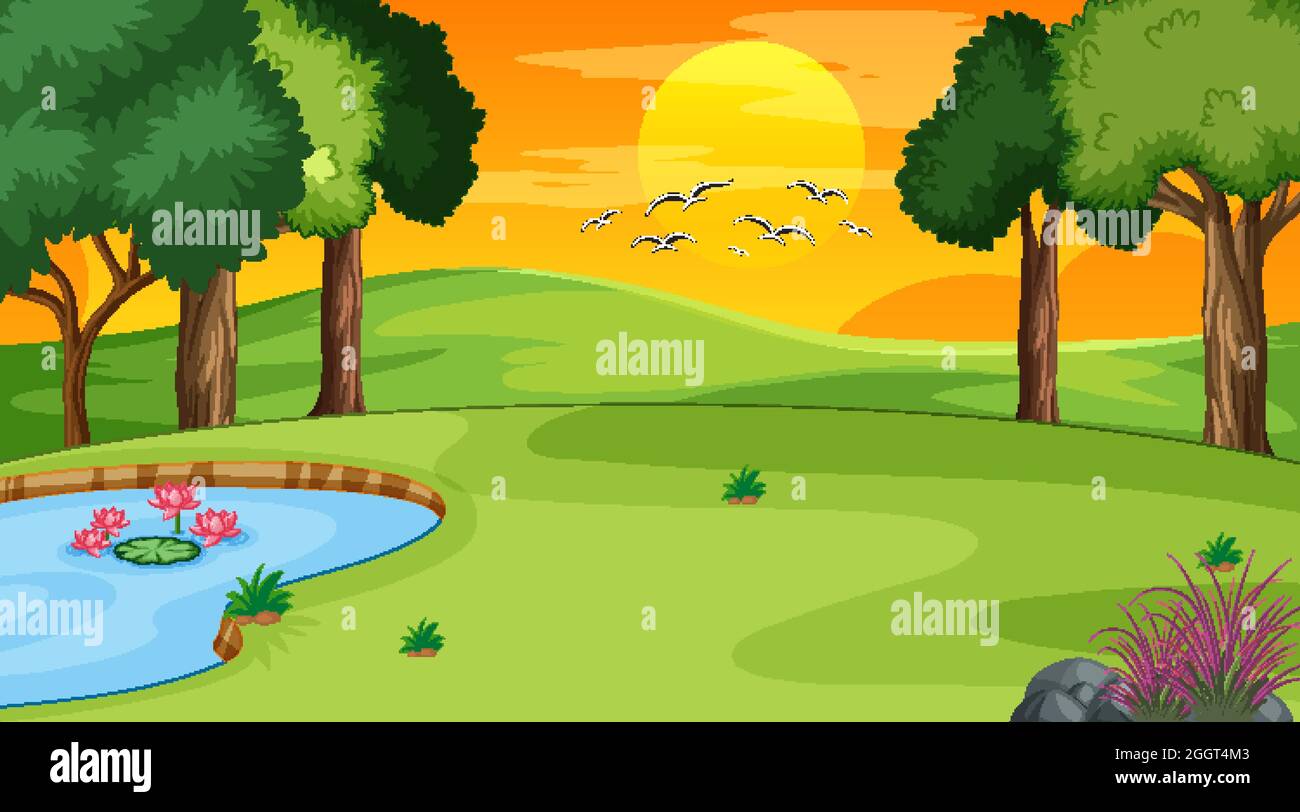Landscape scene of forest with river and many trees illustration Stock ...