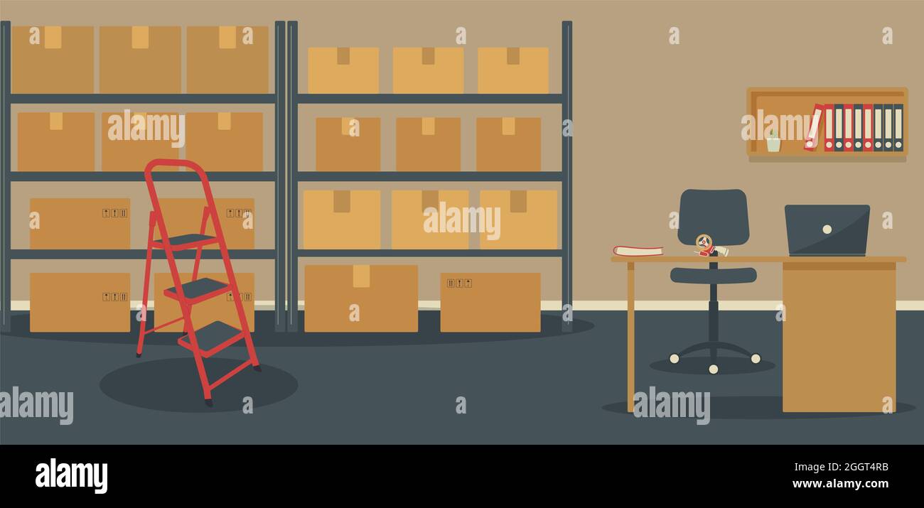 Warehouse: racks with boxes and workplace of warehouse manager ...
