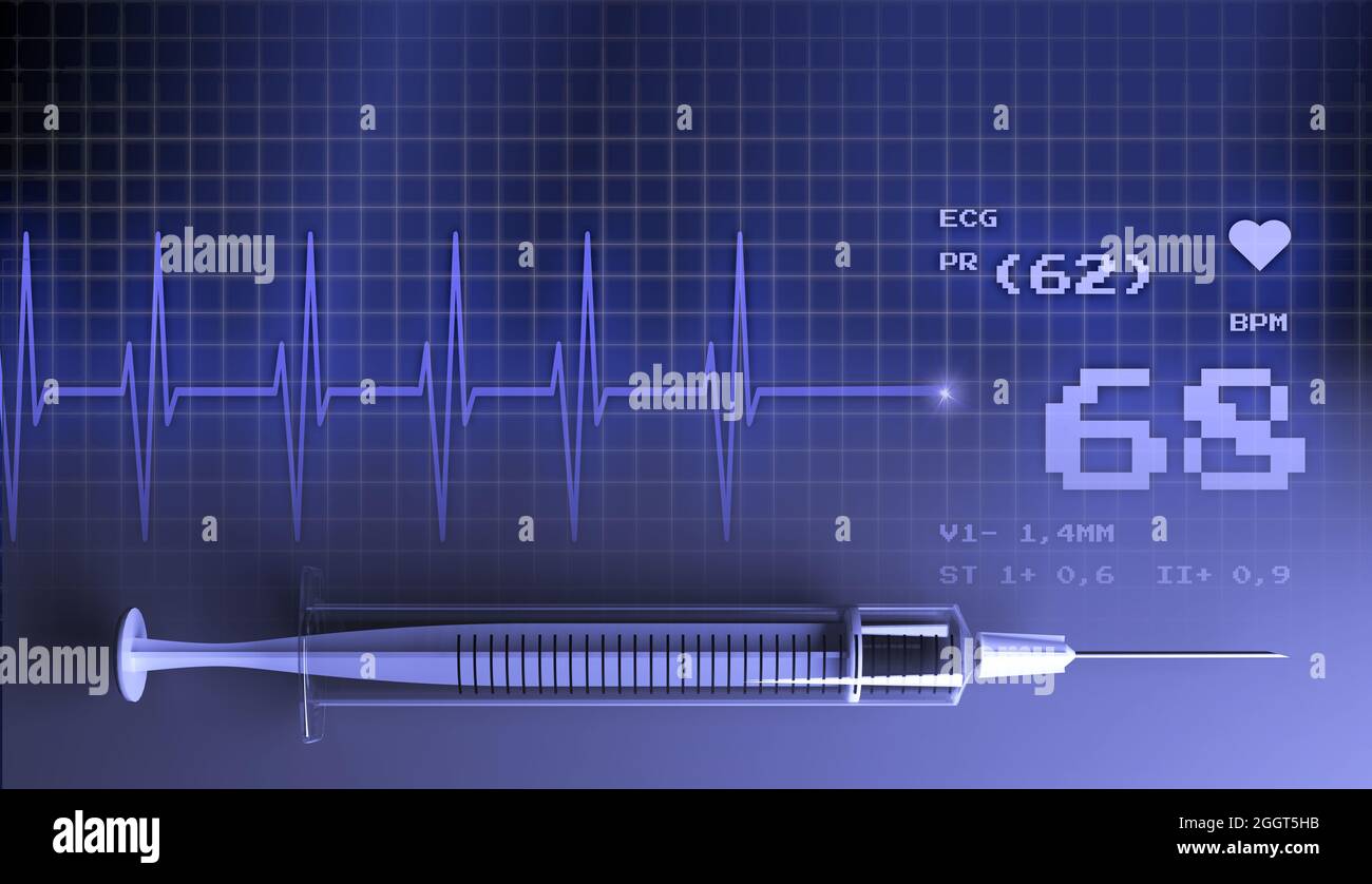 Medical syringe, syringe with needle. There is ecg chart on the ...