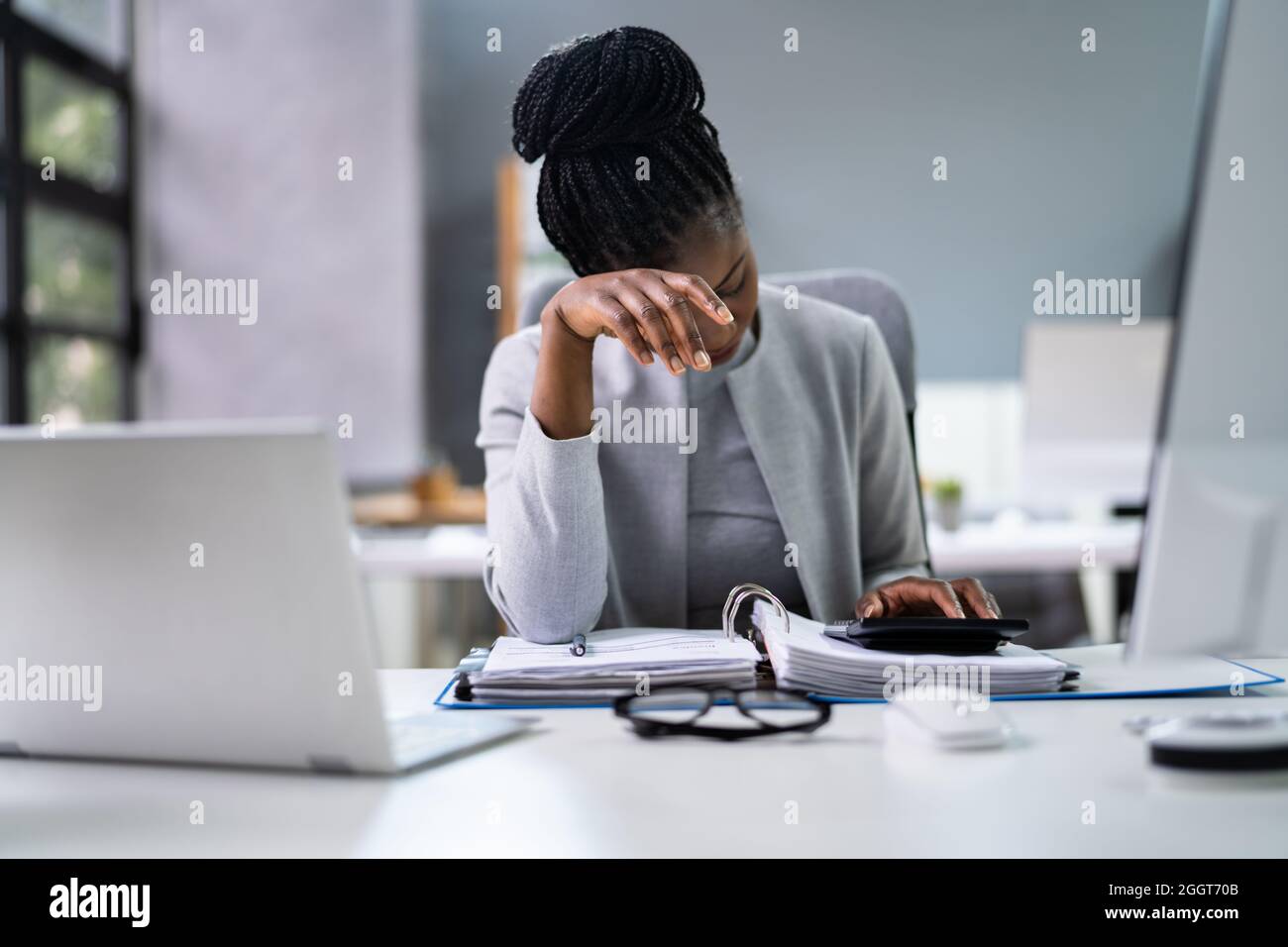American African Workaholic Accountant Woman Bored And Sad Stock Photo ...