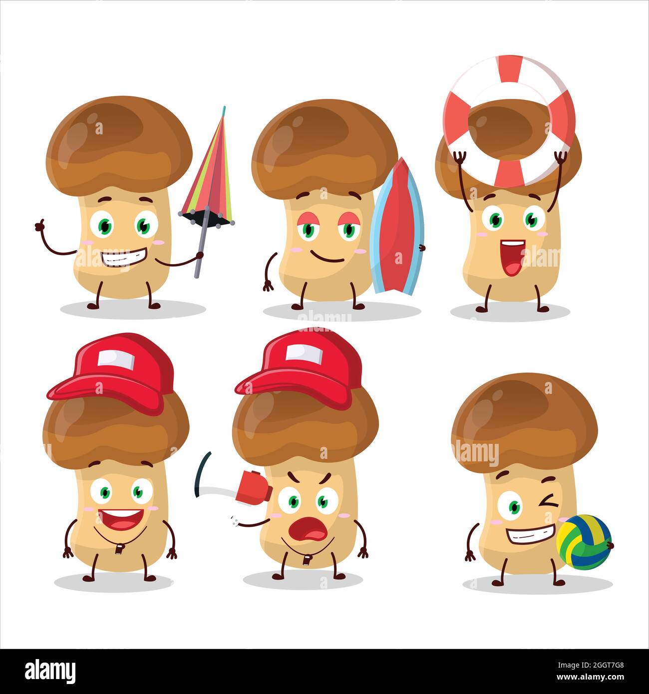 Happy Face straw mushroom cartoon character playing on a beach. Vector ...