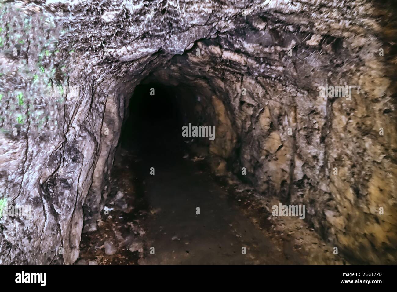 An old flooded mine, an underground corridor, and walls covered with ...
