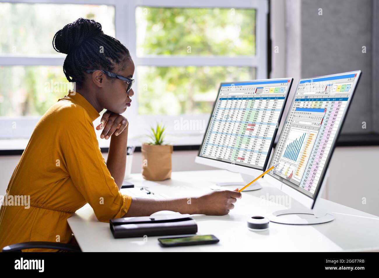 Computer Spreadsheet Data Analyst Woman Using Multiple Screens Stock ...