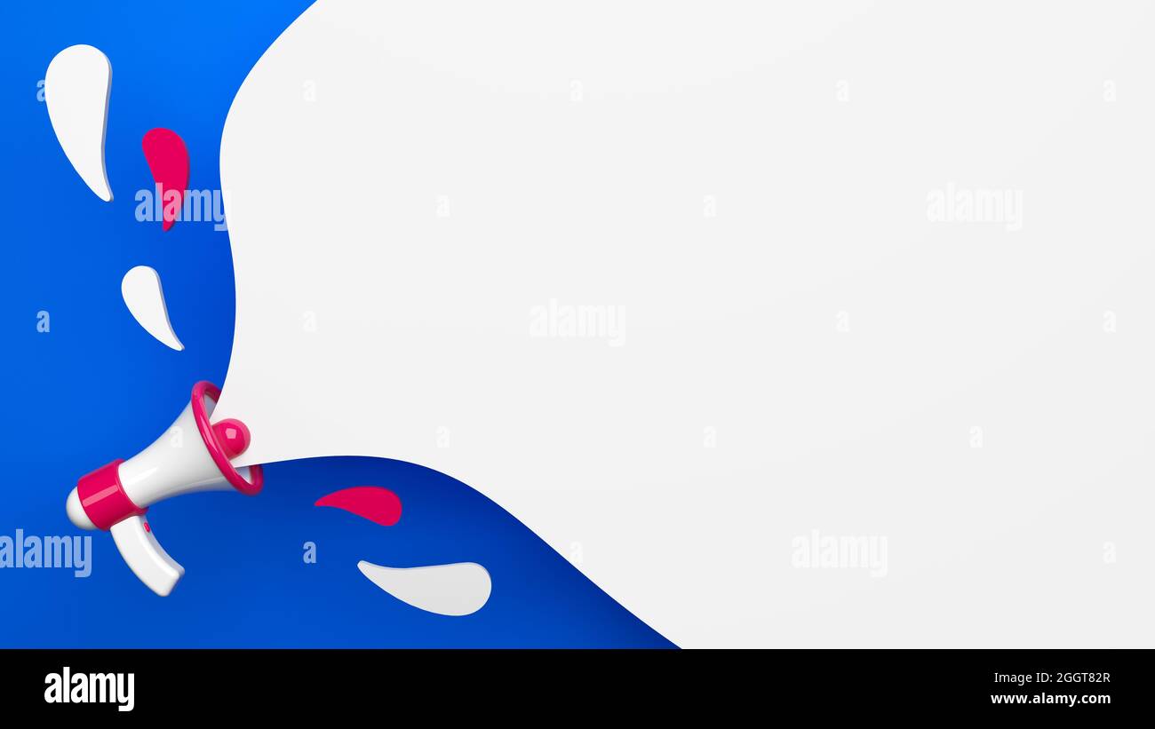 3D rendering concept of announcement, a megaphone on blue background ...